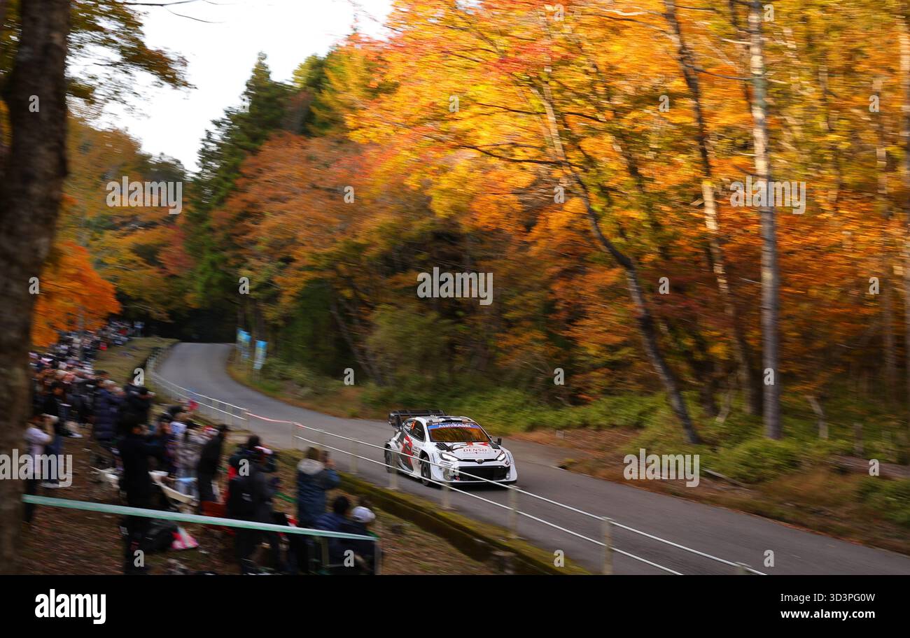 A car drives on the course of Inabu Shitara during WRC Forum 8 Rally ...