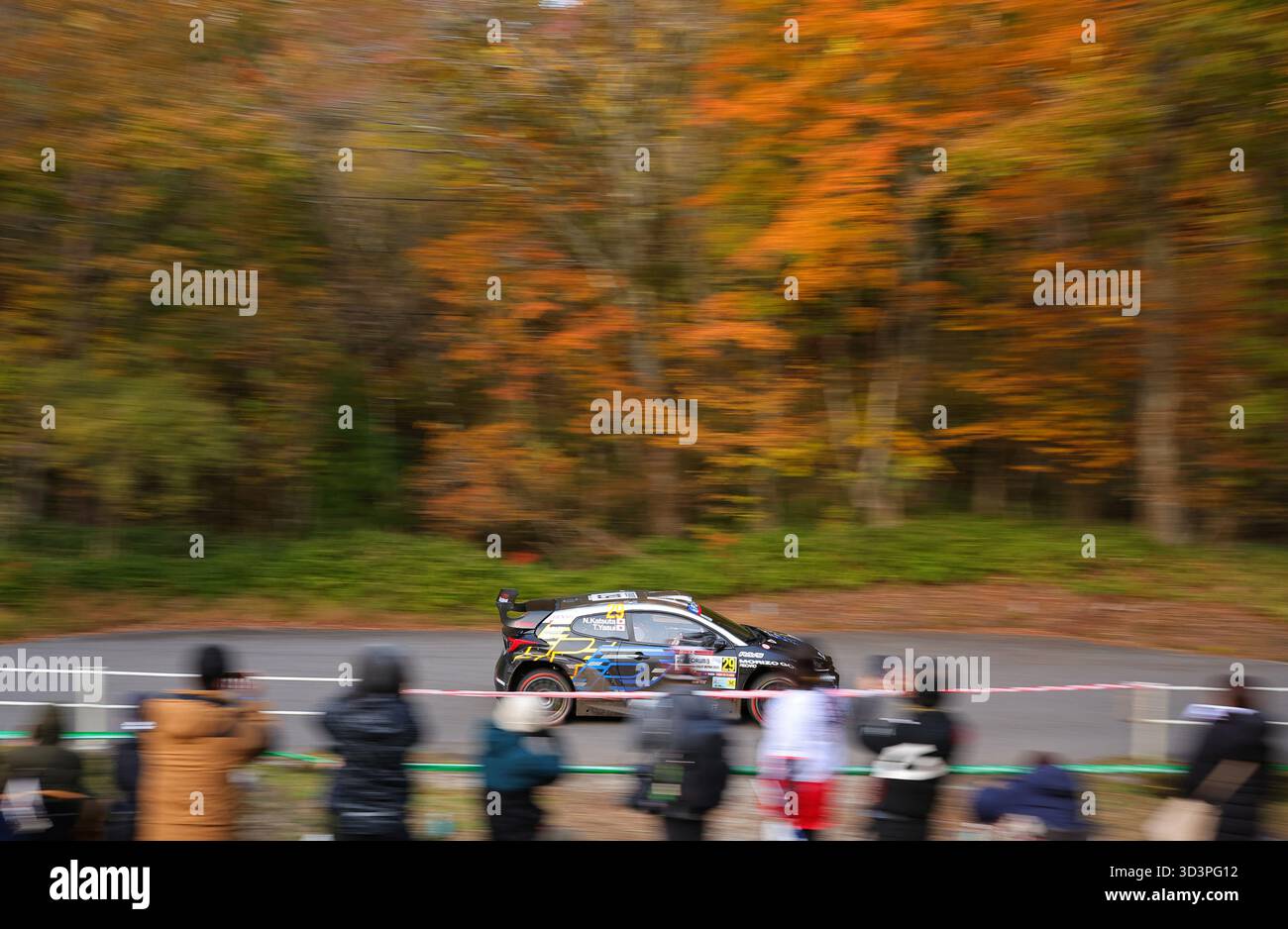 A car drives on the course of Inabu Shitara during WRC Forum 8 Rally ...