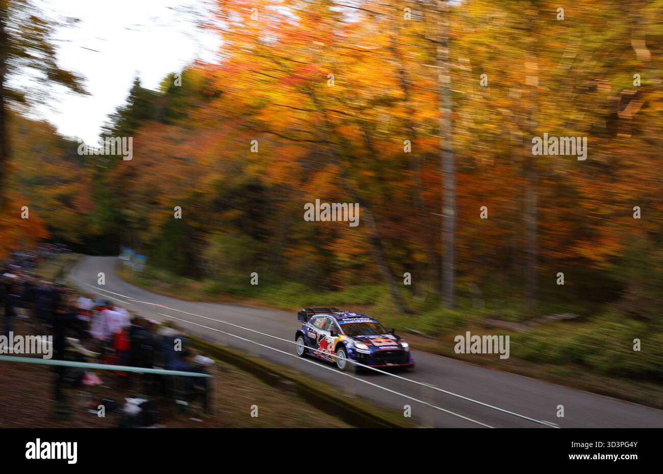 A car drives on the course of Inabu Shitara during WRC Forum 8 Rally ...