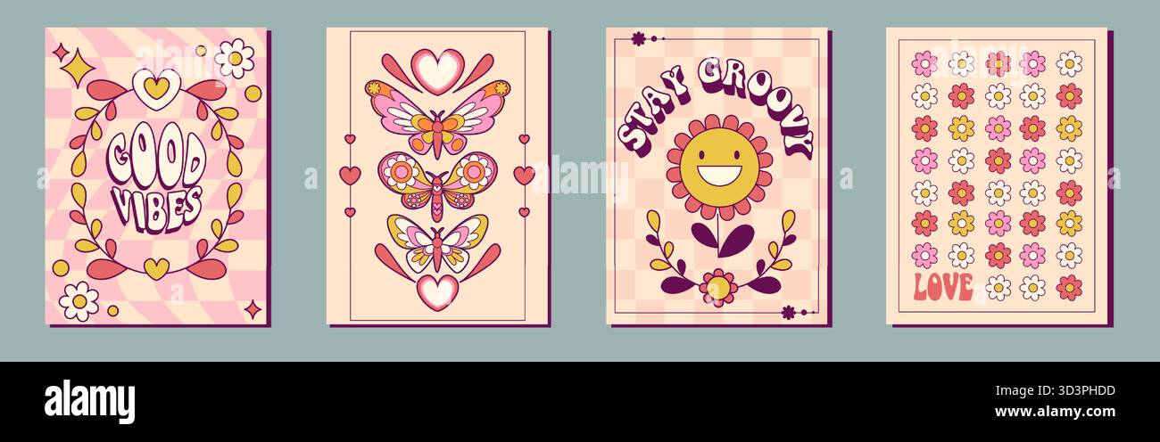 Groovy retro posters with flower patterns, butterfly motifs and vintage ...