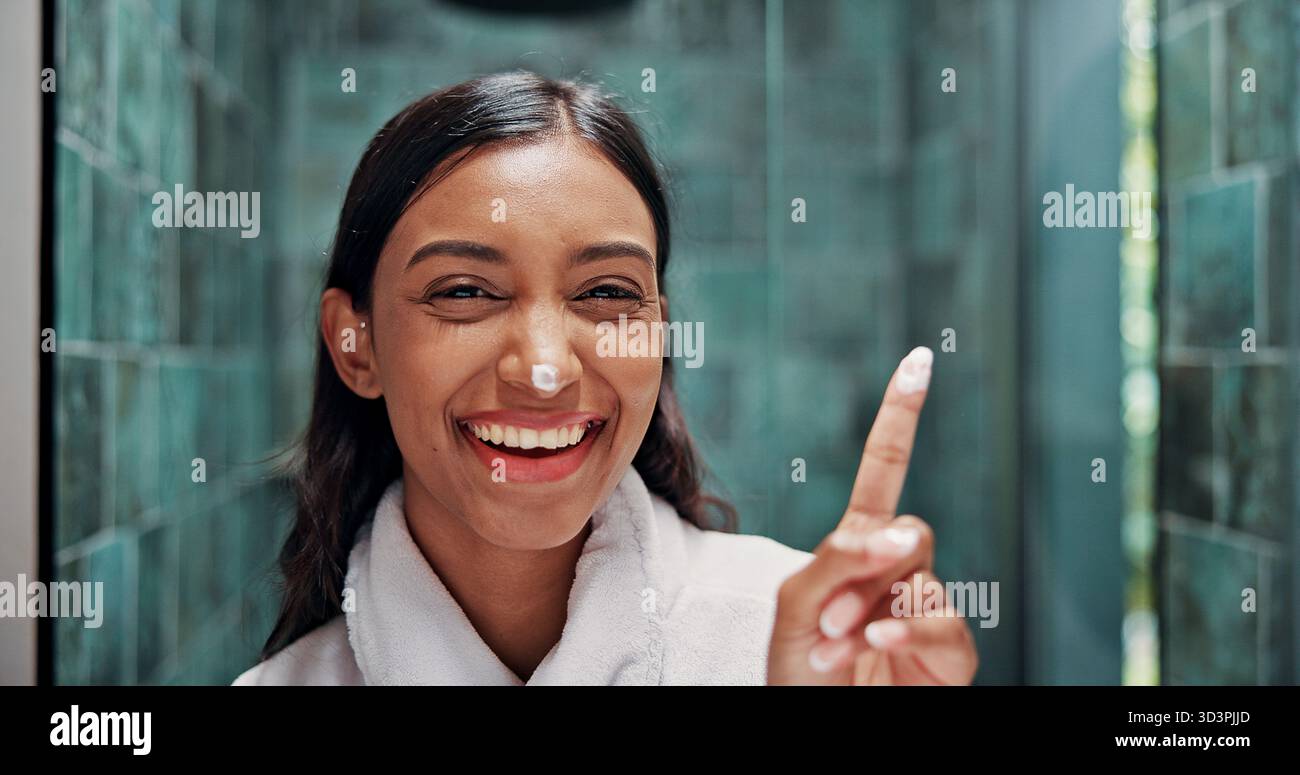 Beauty, lotion and nose with portrait of woman in bathroom for skincare ...