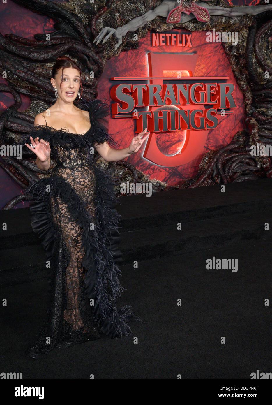 LOS ANGELES, USA. November 06, 2025: Millie Bobby Brown at the premiere ...