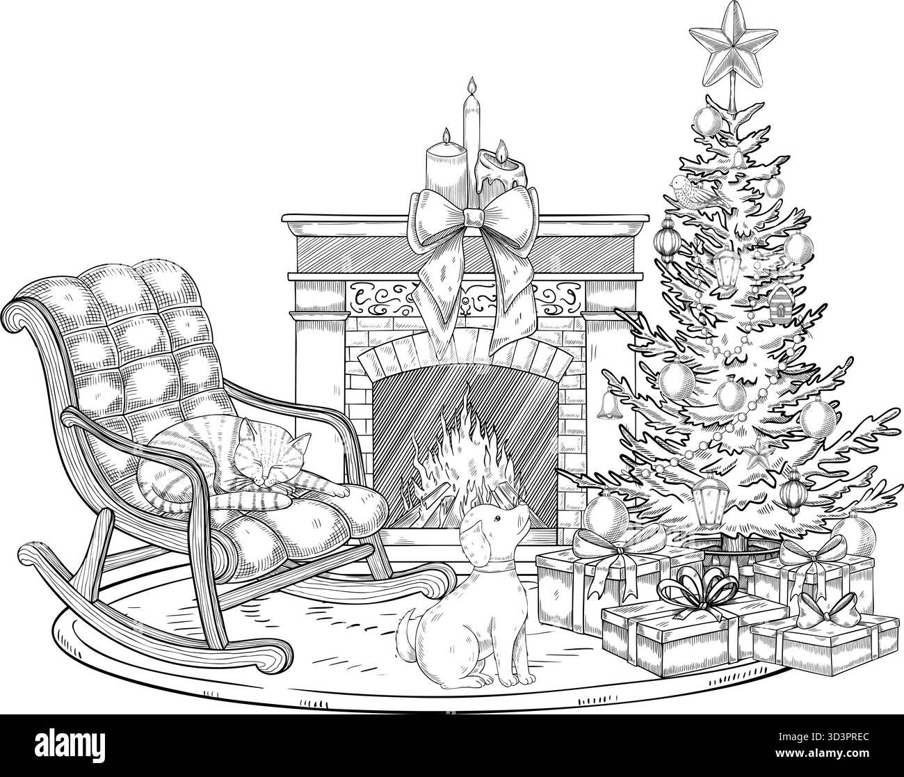 Illustration cat christmas Black and White Stock Photos & Images - Alamy