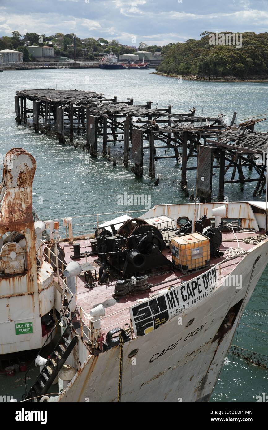 The Coal Loader, a derelict industrial wharf, seen from the deck of the ...