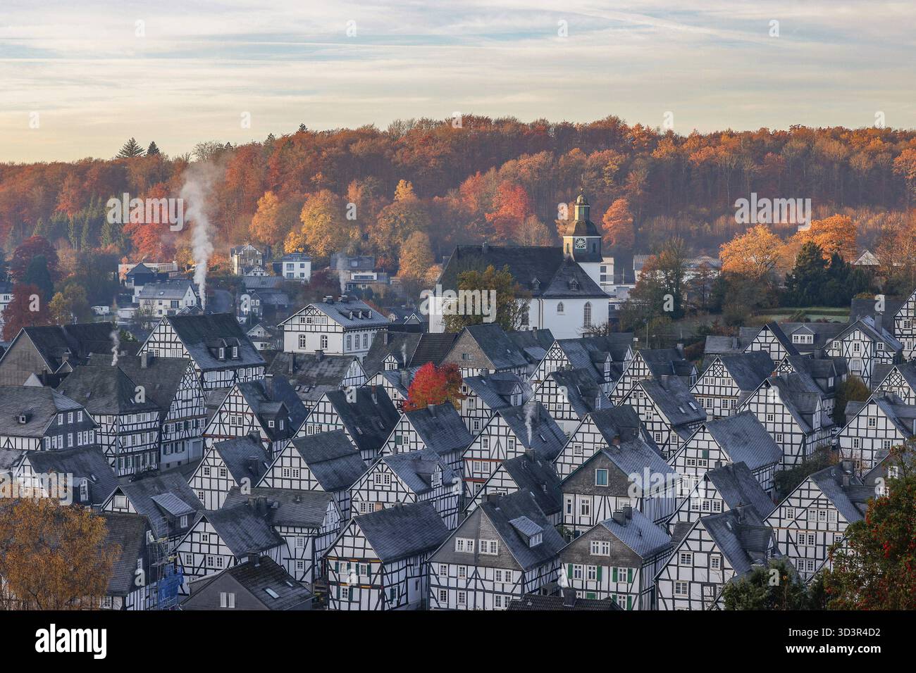 Ein kalter Herbstmorgen im Siegerland. Blick aus dem Kurpark auf die ...