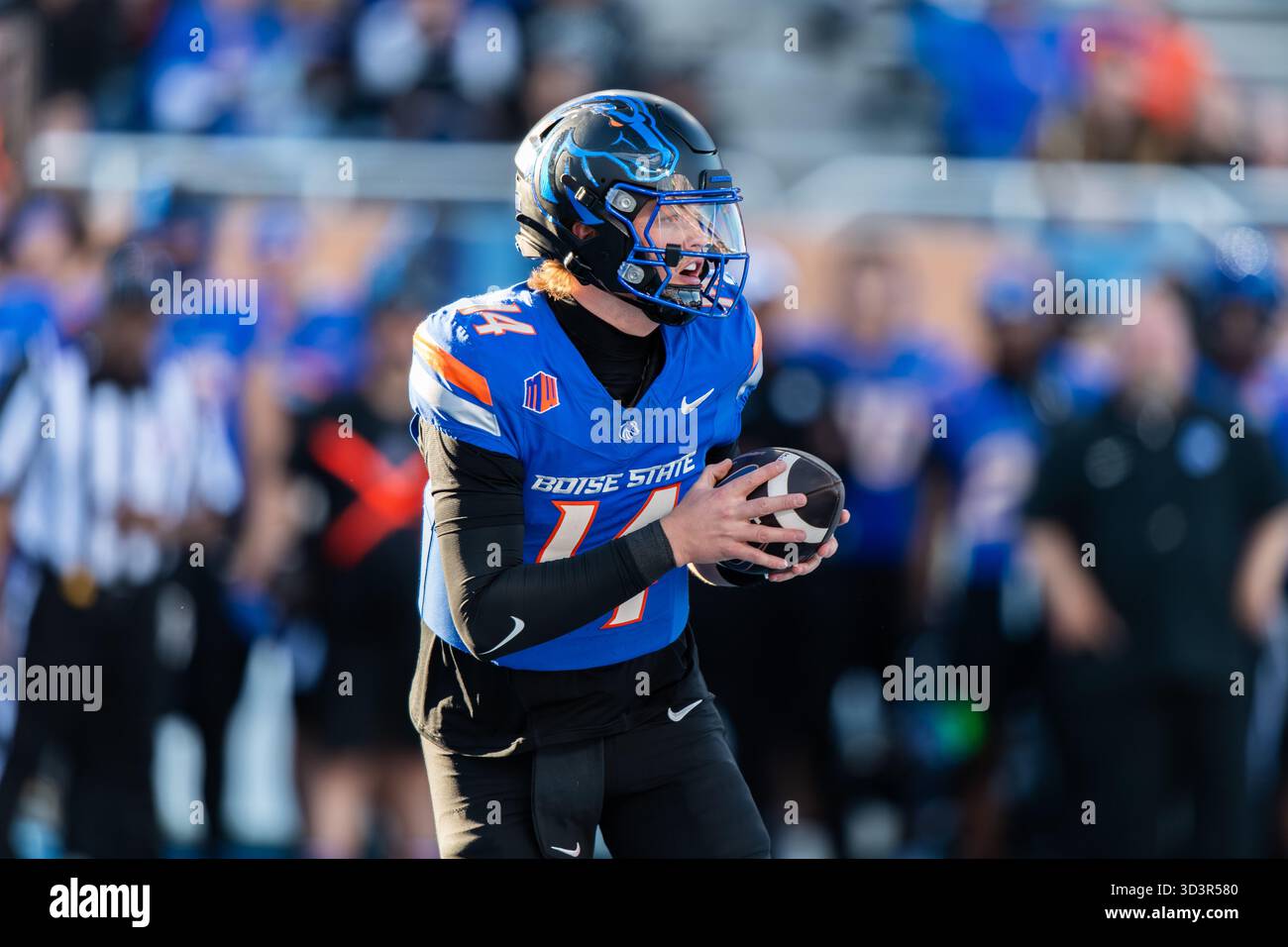 BOISE, ID - NOVEMBER 01: Boise State Broncos quarterback Max Cutforth (14) looks to pass during ...