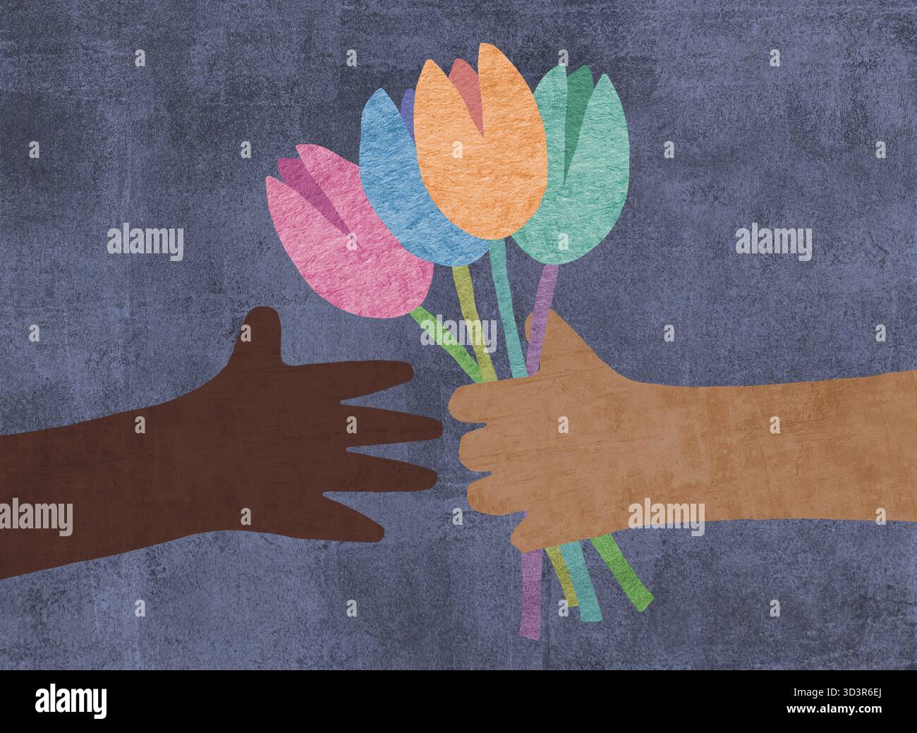 An illustration depicting two hands exchanging colorful tulips ...