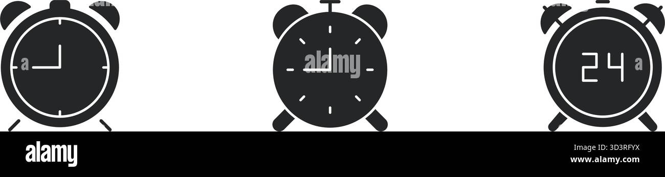 Alarm Clock Solid Icon Set. Time Management, Punctuality, And 24-Hour ...