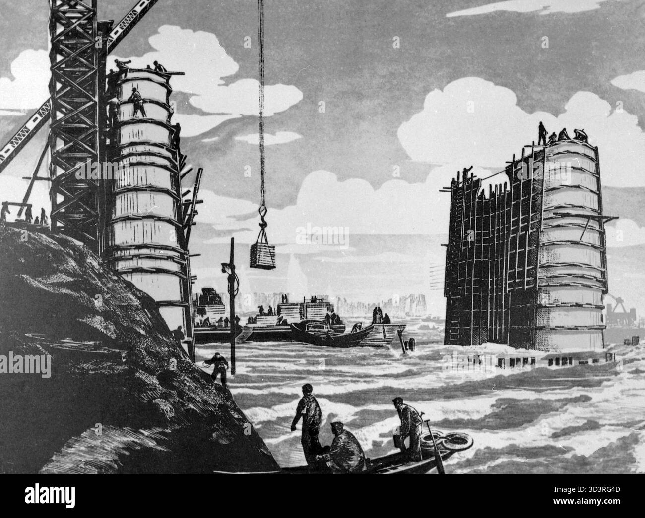 Building the Han Bridge, woodcut artwork by Chinese artist Huang Yen ...