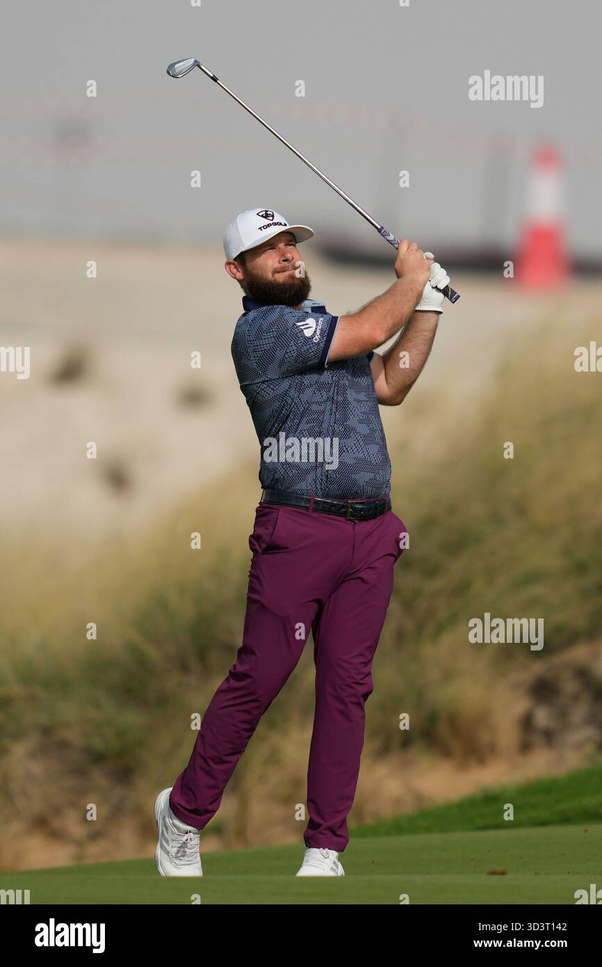 Tyrell Hatton of England plays his second shot on the 13th hole during ...