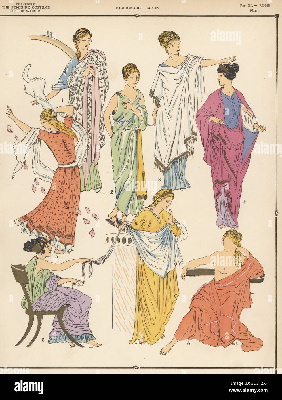 Roman woman in embroidered toga over dress 1, tunic and cloak 2, draped ...
