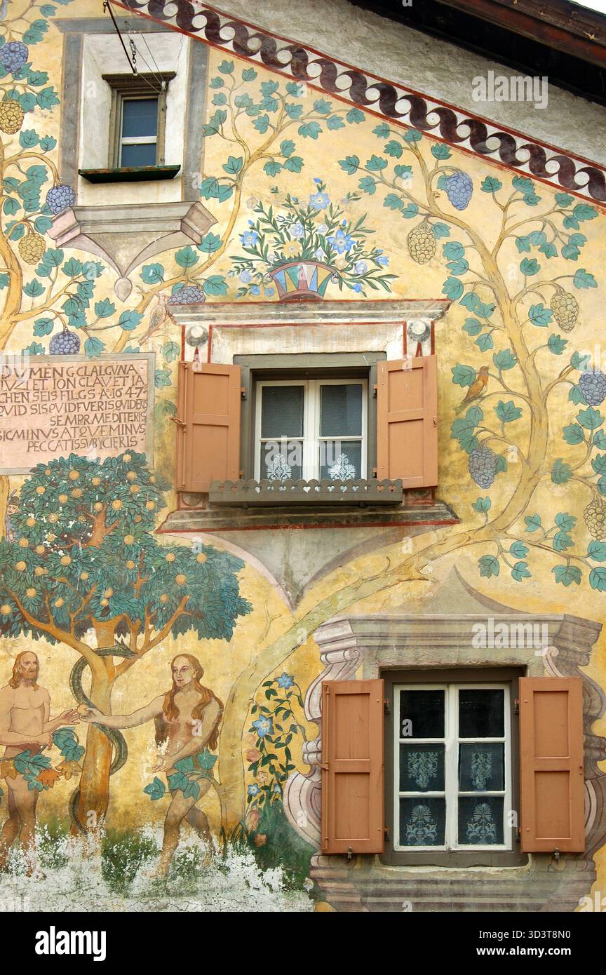 Adam and Eve in the Garden of Eden, Sgraffito outdoor wall painting ...