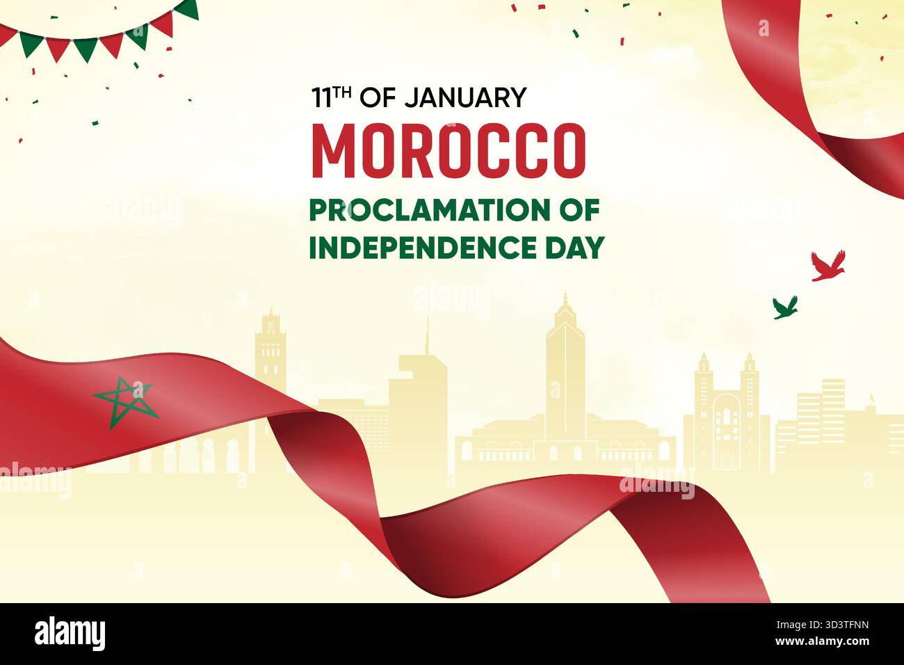 Morocco Republic Flag Waving On Skyline Background. Proclamation of ...