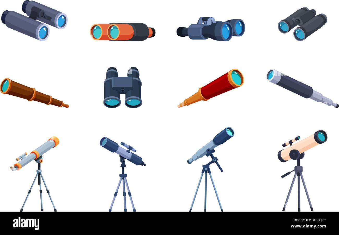 Cartoon optical devices. Binoculars and telescopes, astronomy equipment ...