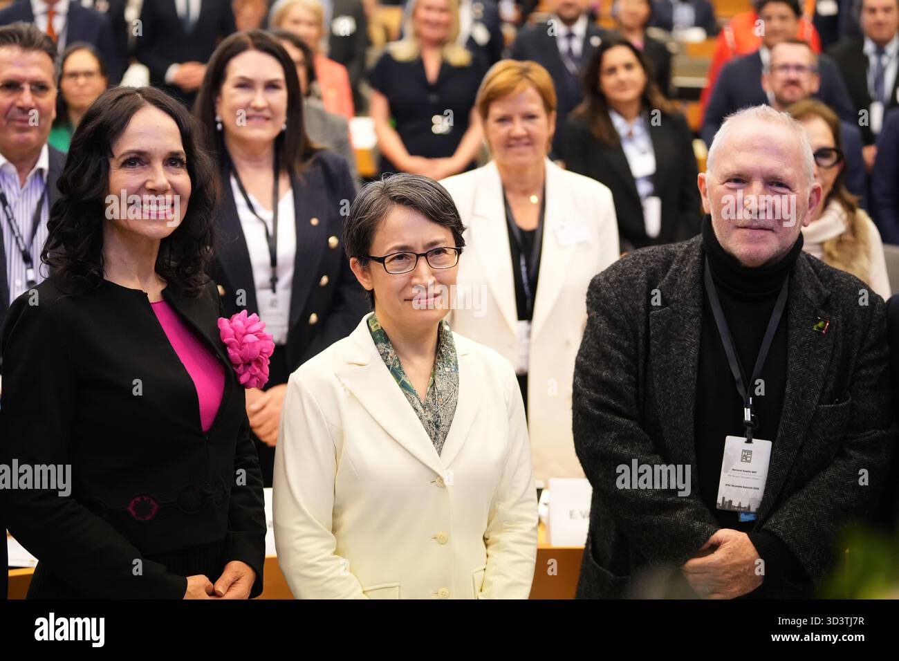 Taiwan's Vice President Bi-Khim Hsiao, center, poses after addressing ...