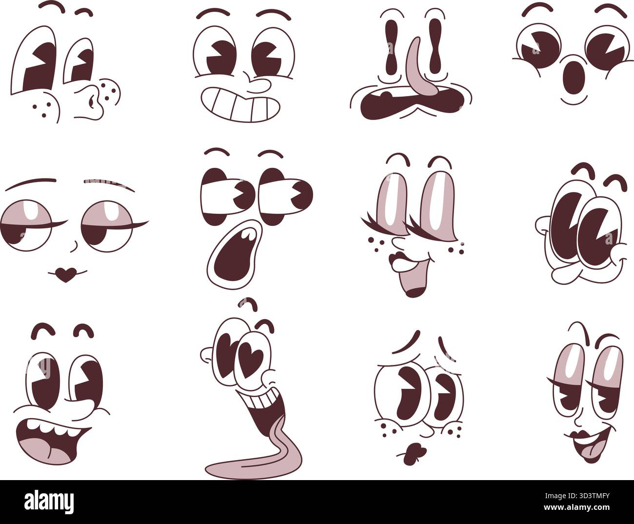 Retro mascot faces. Comic silly face, cute vintage cartoon facial ...