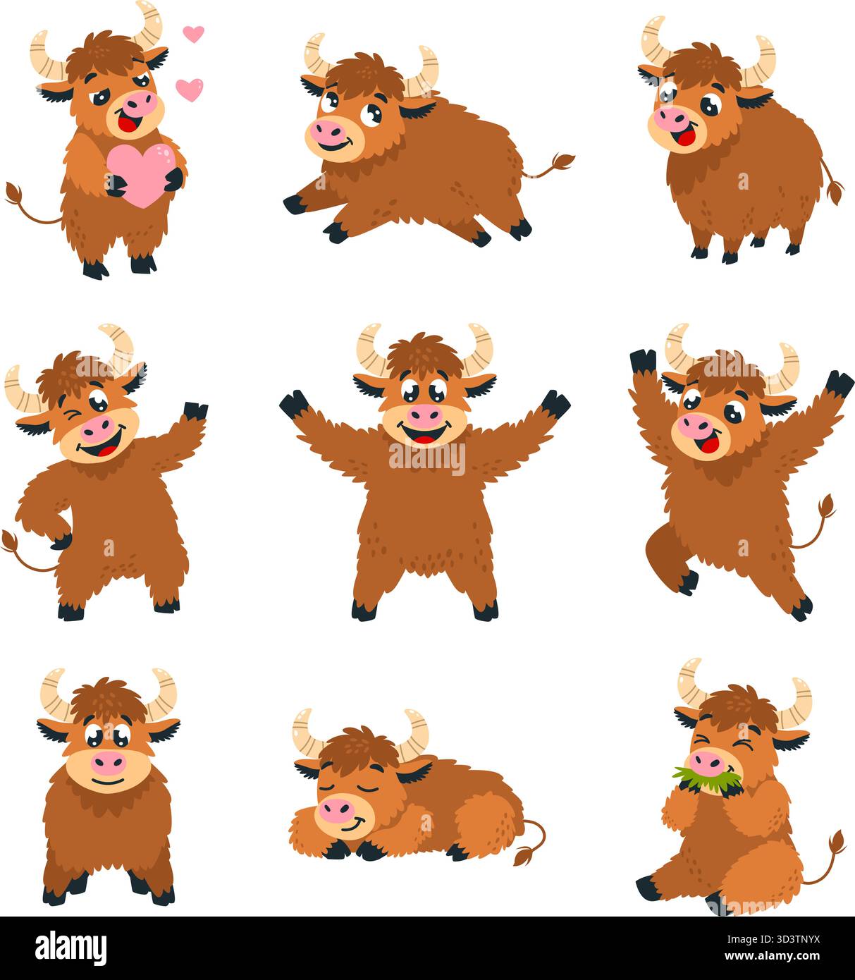 Yak characters. Cartoon yaks, funny farm animals various poses. Animal ...
