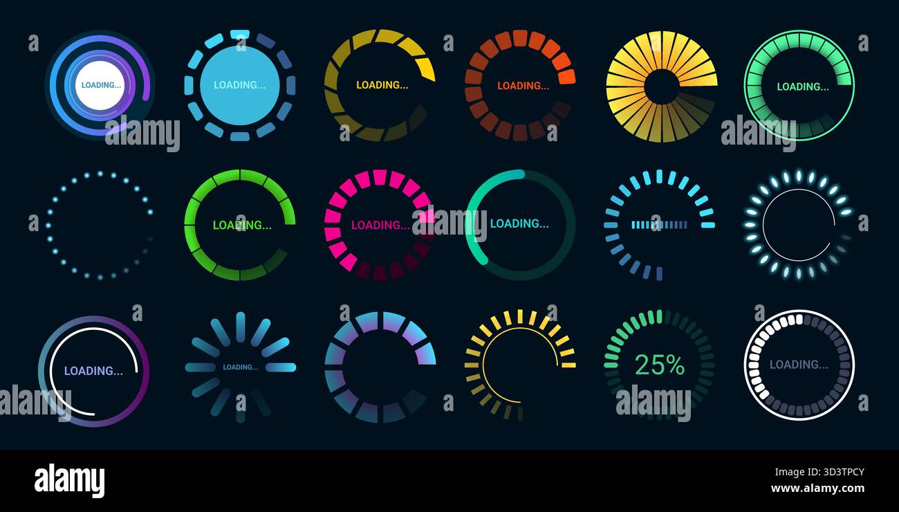 Circle loaders. Round loading bar cartoon icons, futuristic neon web ...