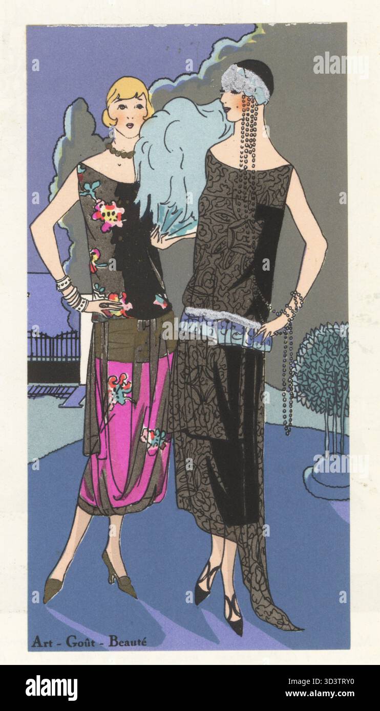 Fashionable women in evening gowns by John Redfern, Paris, 1923. Bois ...