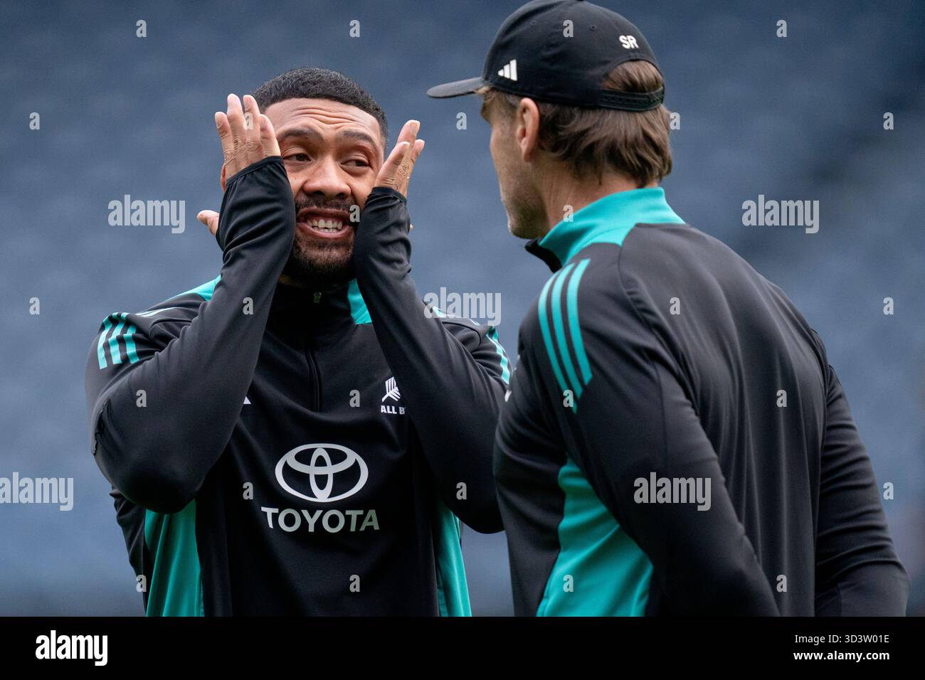 New Zealand's Ardie Savea (left) with head coach Scott Robertson during ...