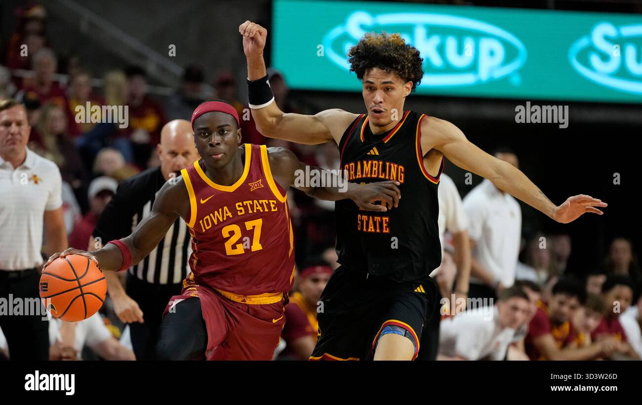 Iowa State guard Killyan Toure (27) drives up court past Grambling State forward Antonio Munoz ...