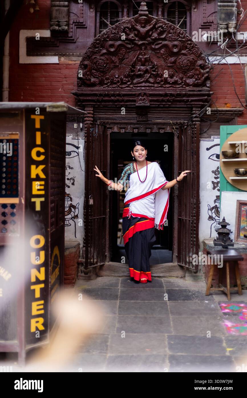 Nepali Newari Girl in Traditional Attire at the beautifully hand carved ...
