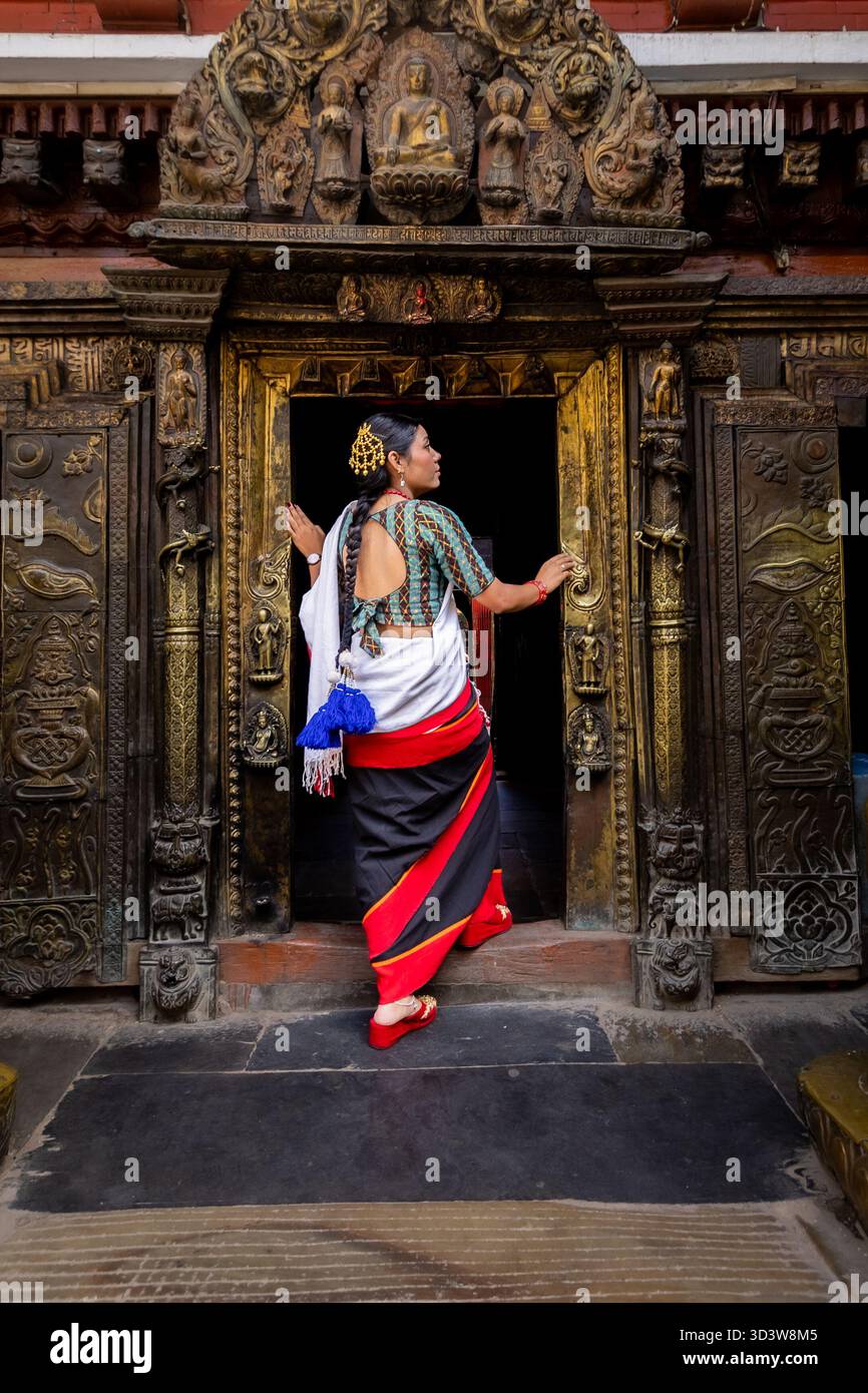 Newari Girl in Traditional Attire at the Golden Temple Patan Durbar ...