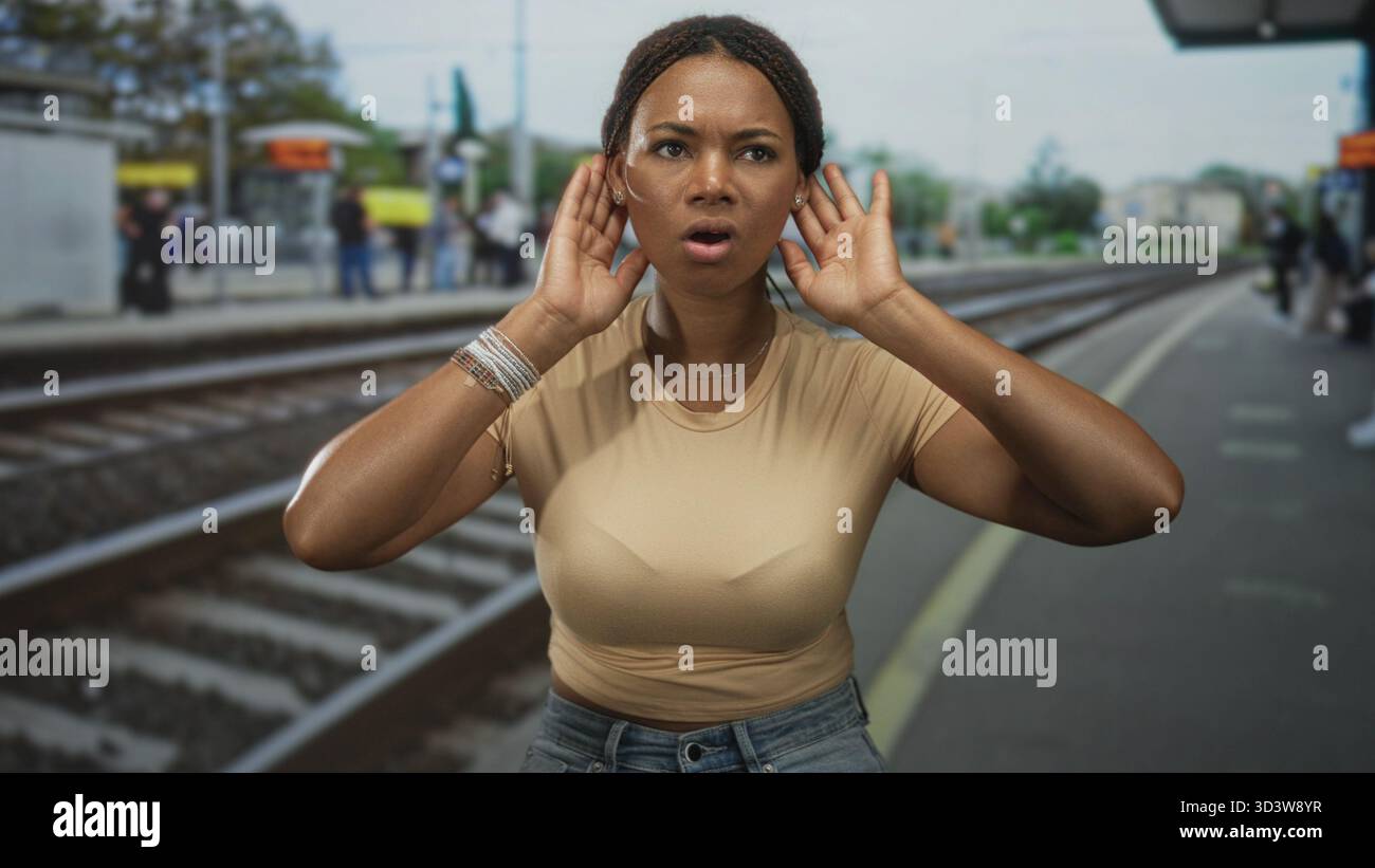 Young woman cupping ears hands hi-res stock photography and images - Alamy