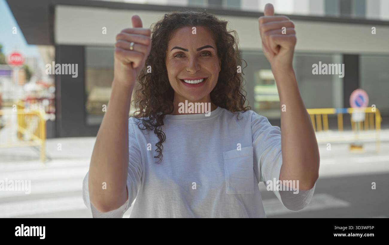 Woman clapping hands and giving thumbs up on city street amid crosswalk ...