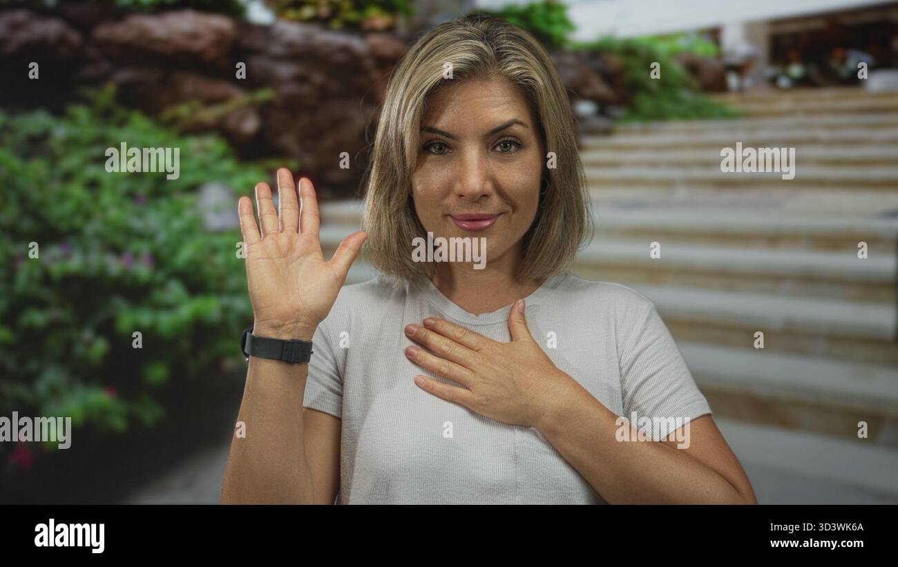 Woman places palm over chest hi-res stock photography and images - Alamy