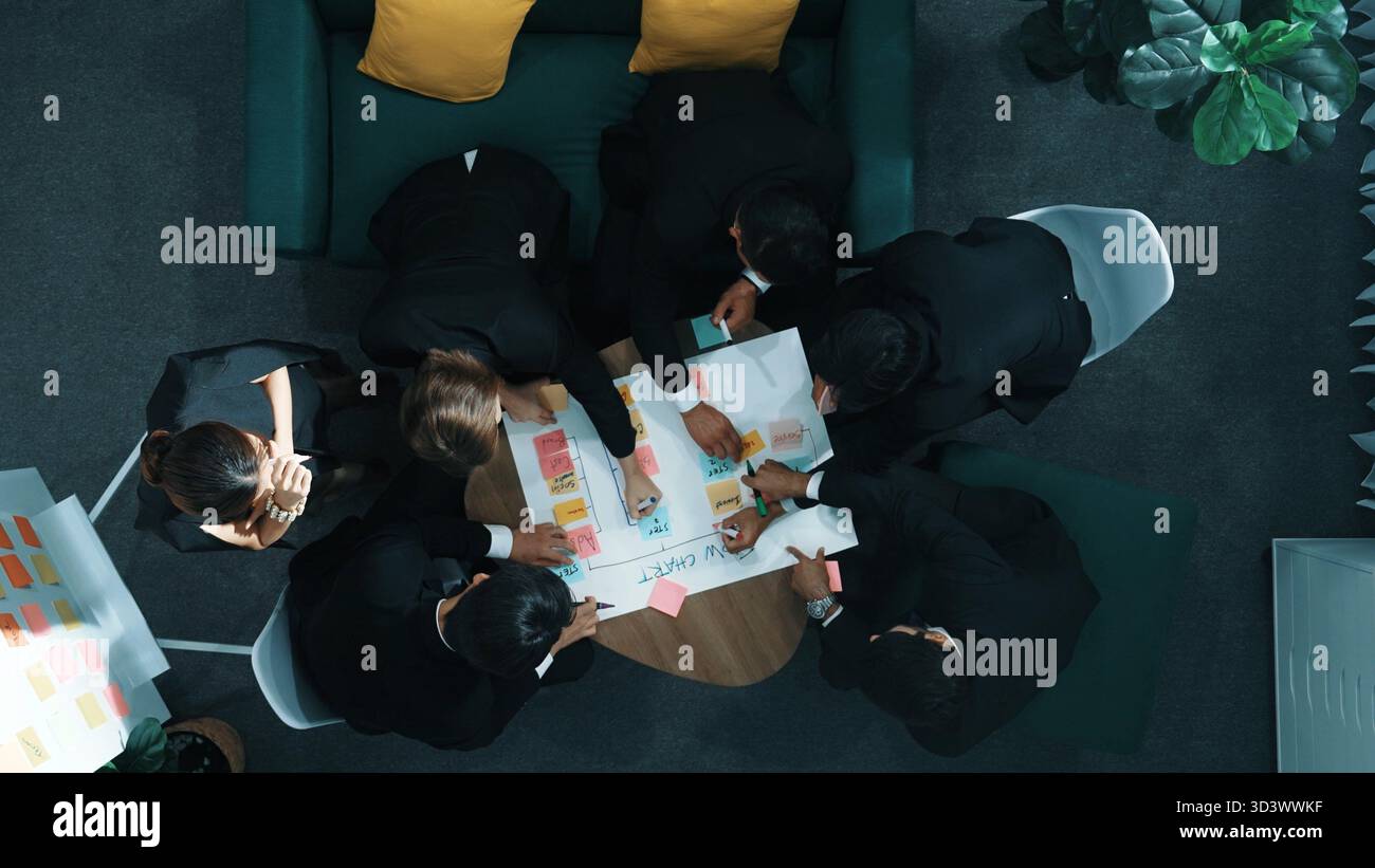Top down view of business people hands making scrum task board to ...