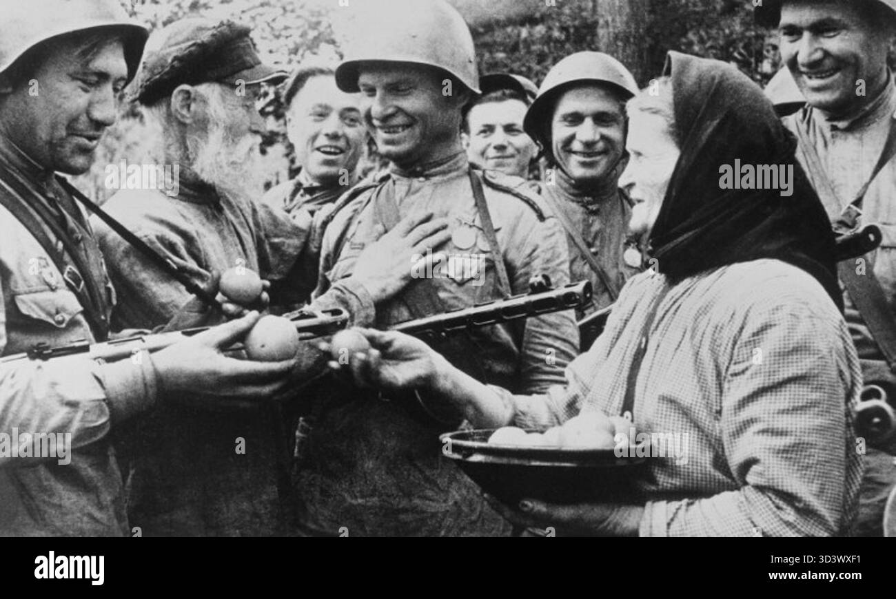 In September 1943, Soviet soldiers are celebrated by the liberated ...