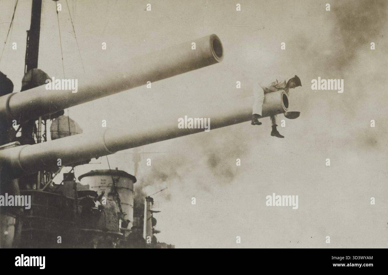 This image shows the cleaning of guns aboard the German cruiser SMS ...