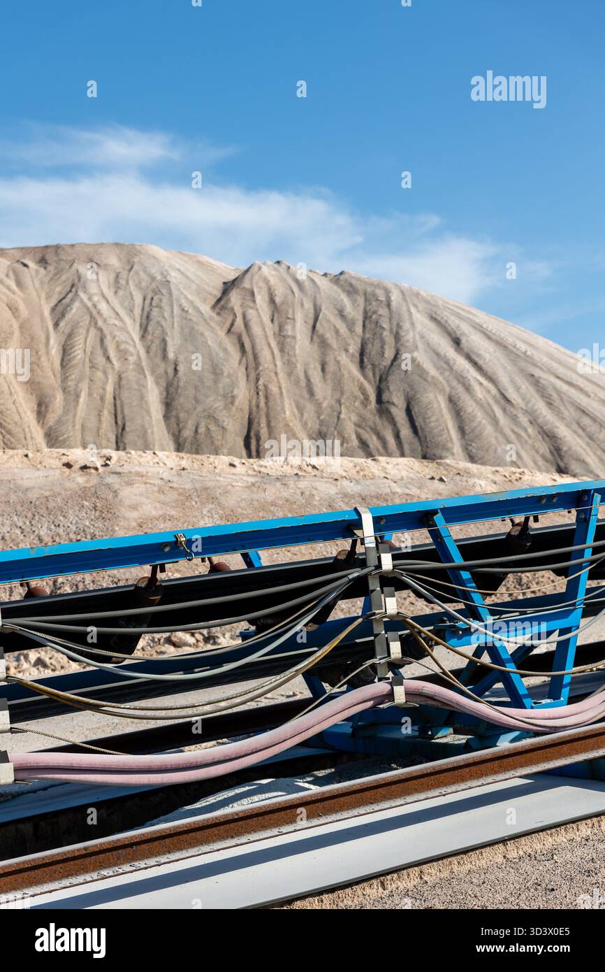 Long blue conveyor belt transports white potash ore material toward ...