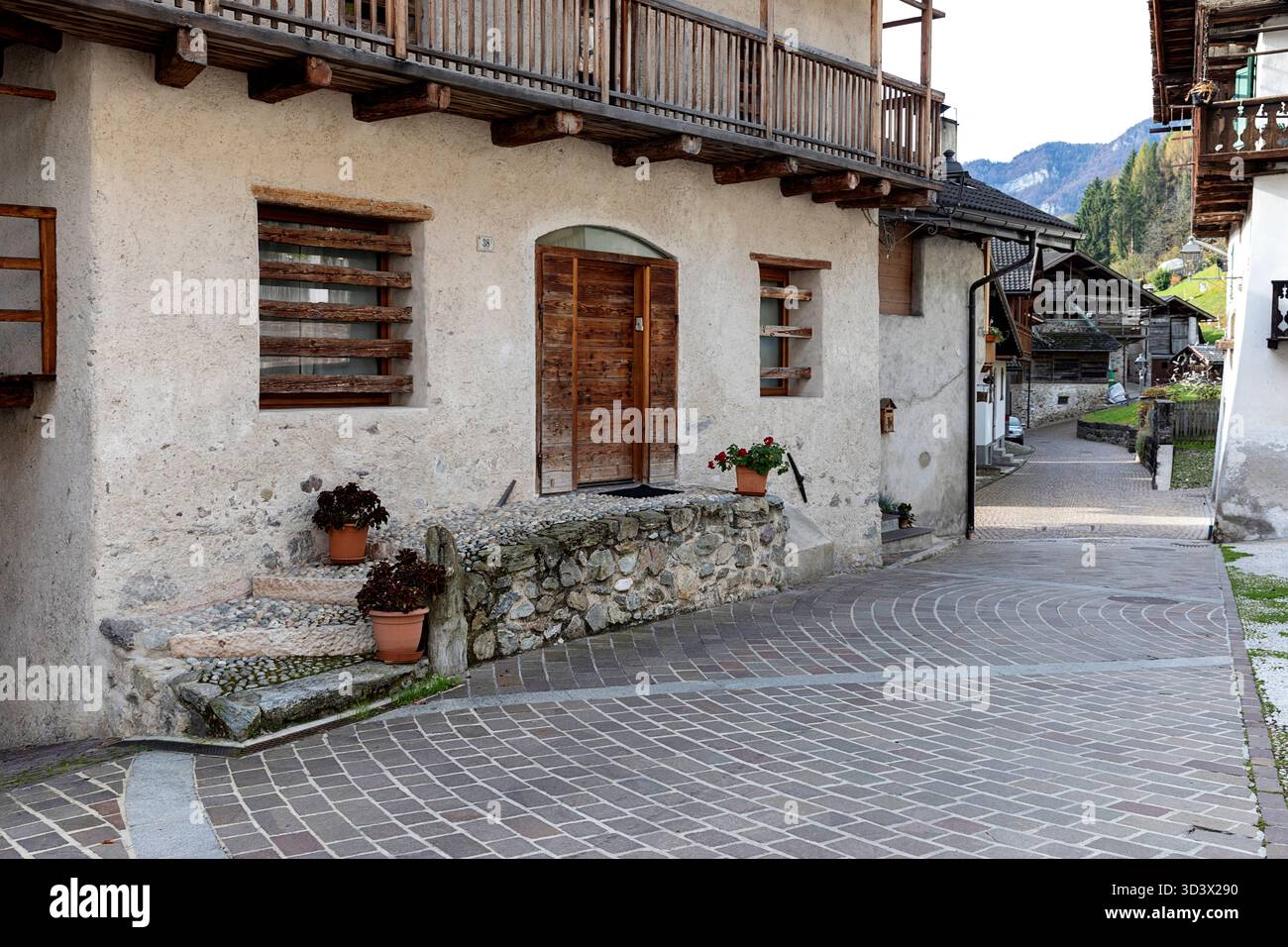 Beautiful old part of Mezzano village in Dolomites in Italy, historical ...