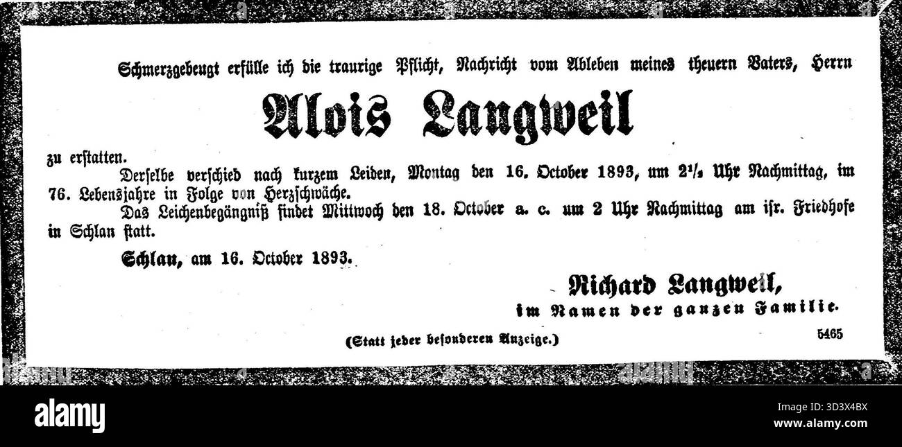 This announcement of the death of Alois Langweil, published in the ...