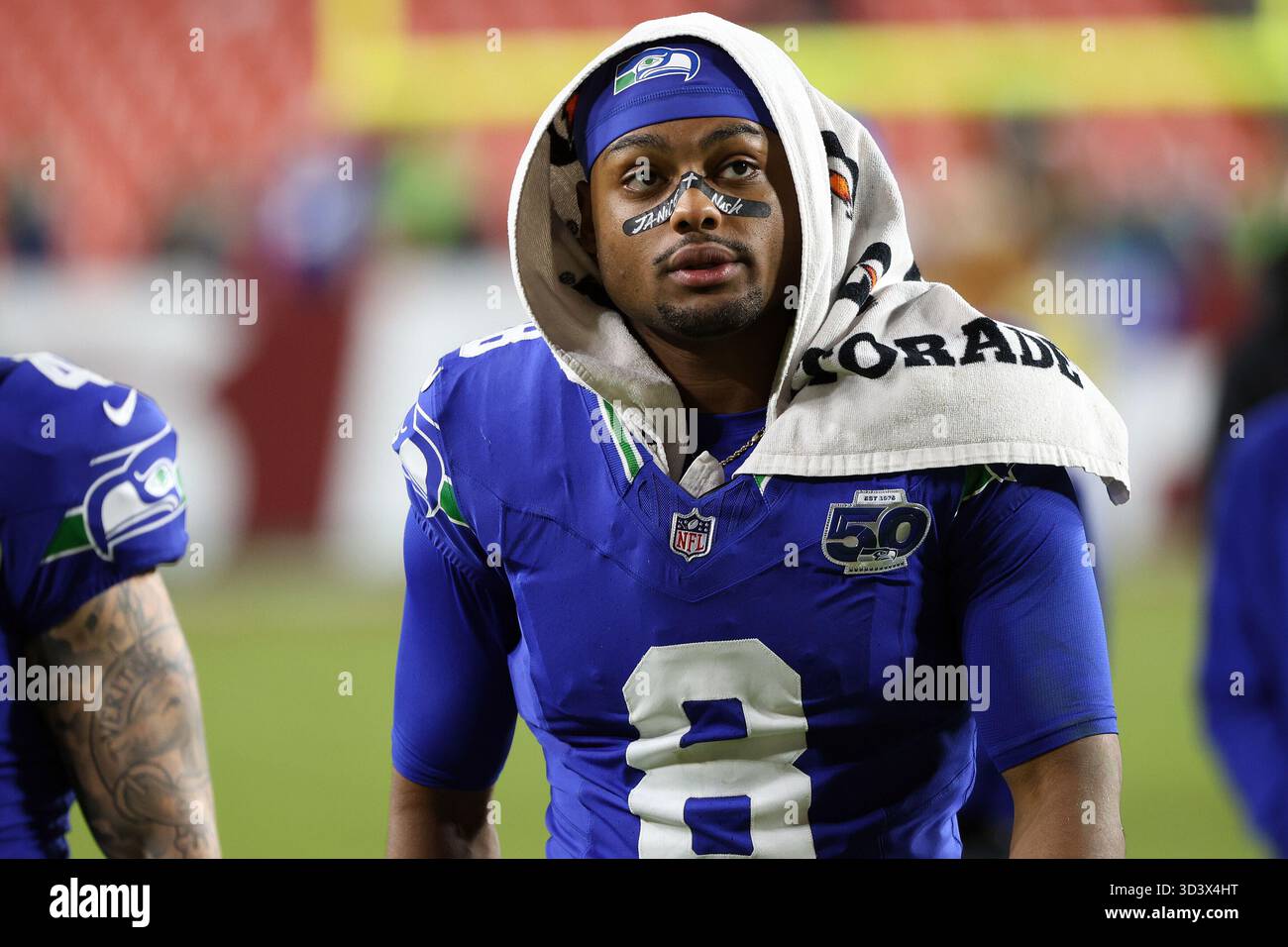 Seattle Seahawks safety Coby Bryant (8) looks on after an NFL football ...