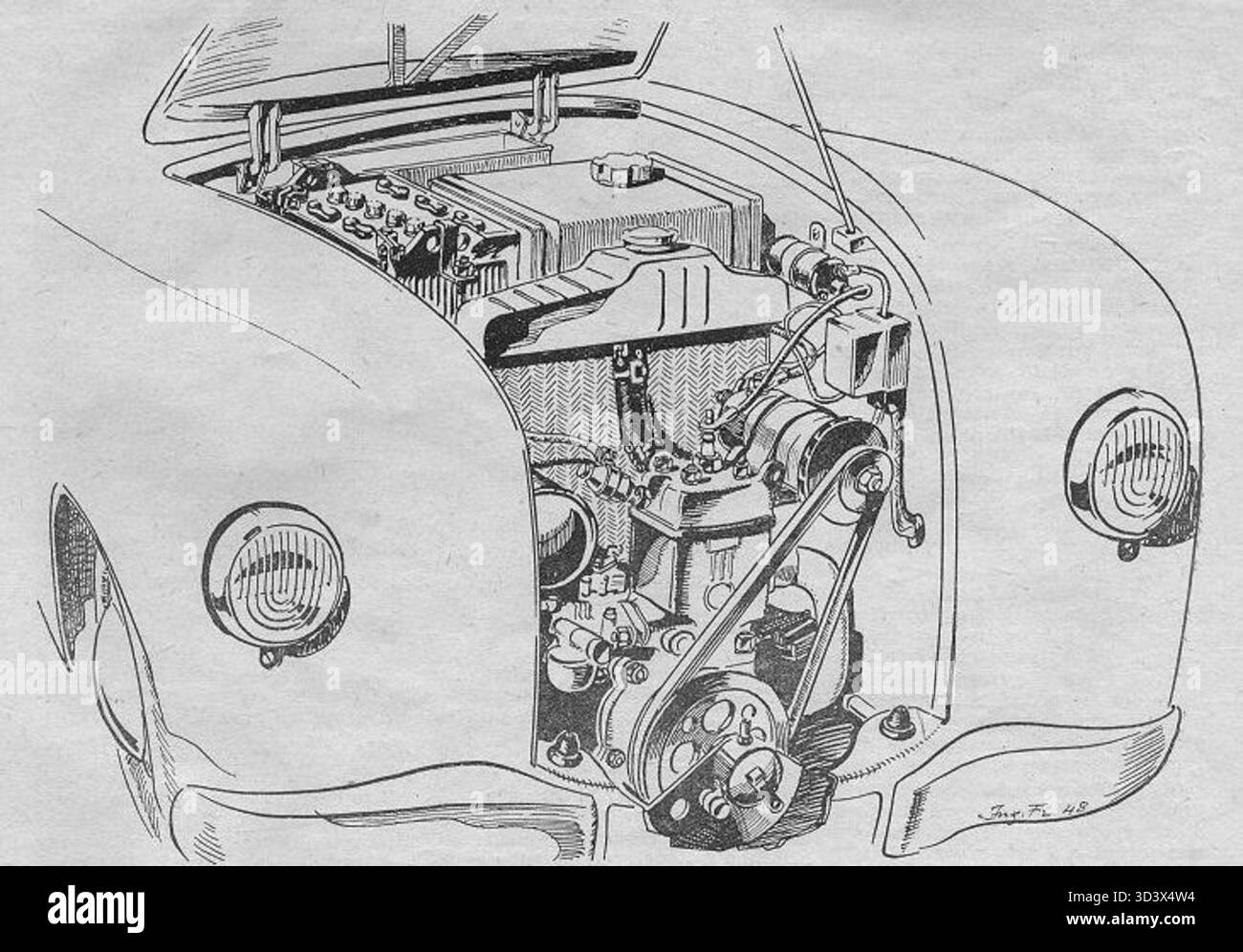 A photograph from 20 November 1948 showing the engine placement inside ...