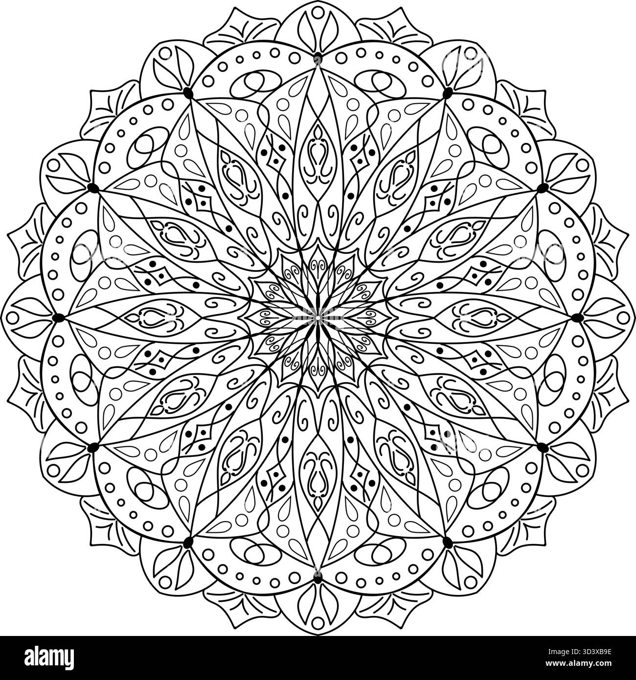 Single ornate mandala in black and white line art with geometric and ...