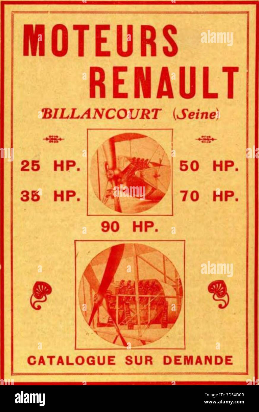 This 1912 advertisement showcases the Renault aero engine, highlighting ...