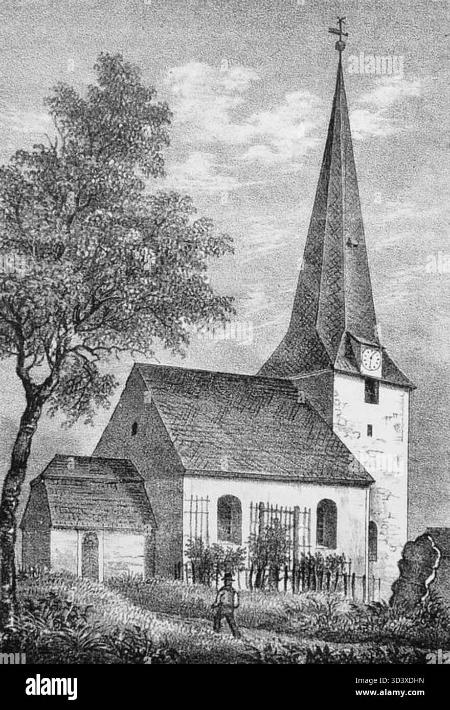 The church in Göbschelwitz near Leipzig, depicted around 1840, reflects ...