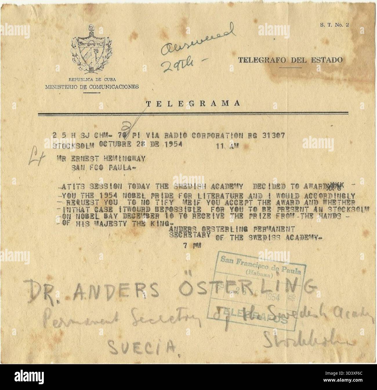 On December 28, 1954, a telegram was issued by the Brazilian government ...