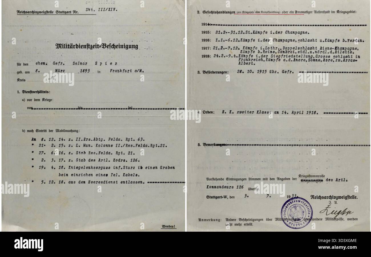 A military service certificate for Selmar Spier was issued on 3 July ...