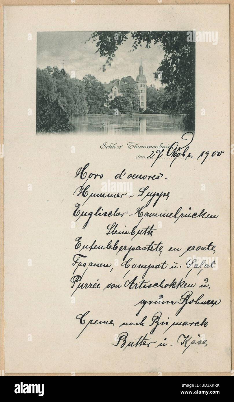The 1900 menu card from a hunting dinner at Schloss Thammenhain ...