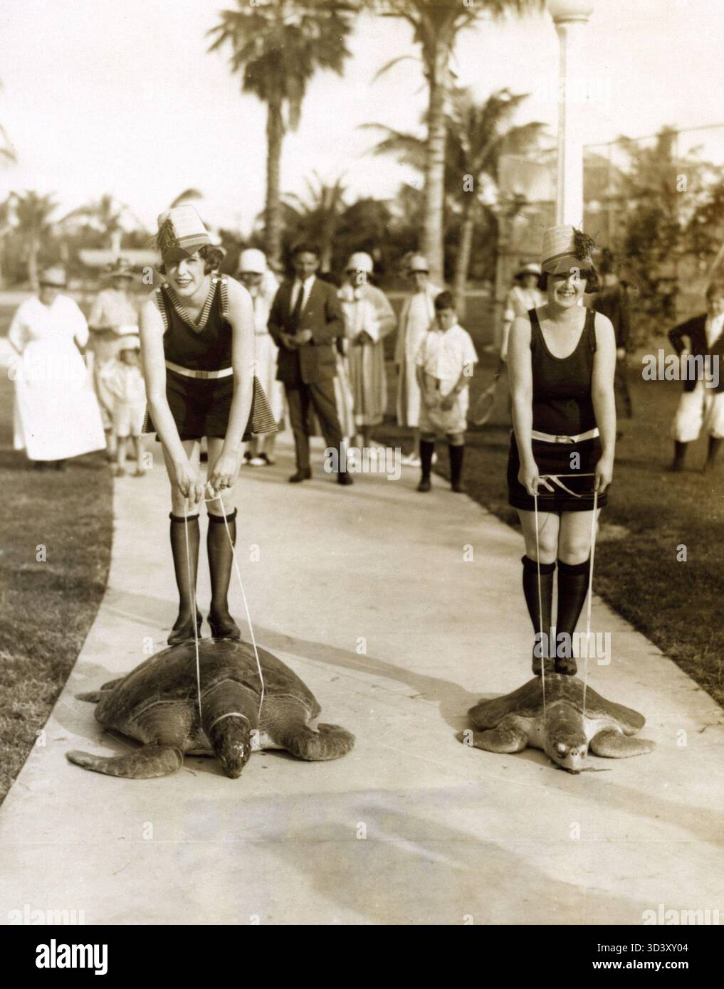 A 1925 turtle race in Miami, Florida, where two young women are holding ...