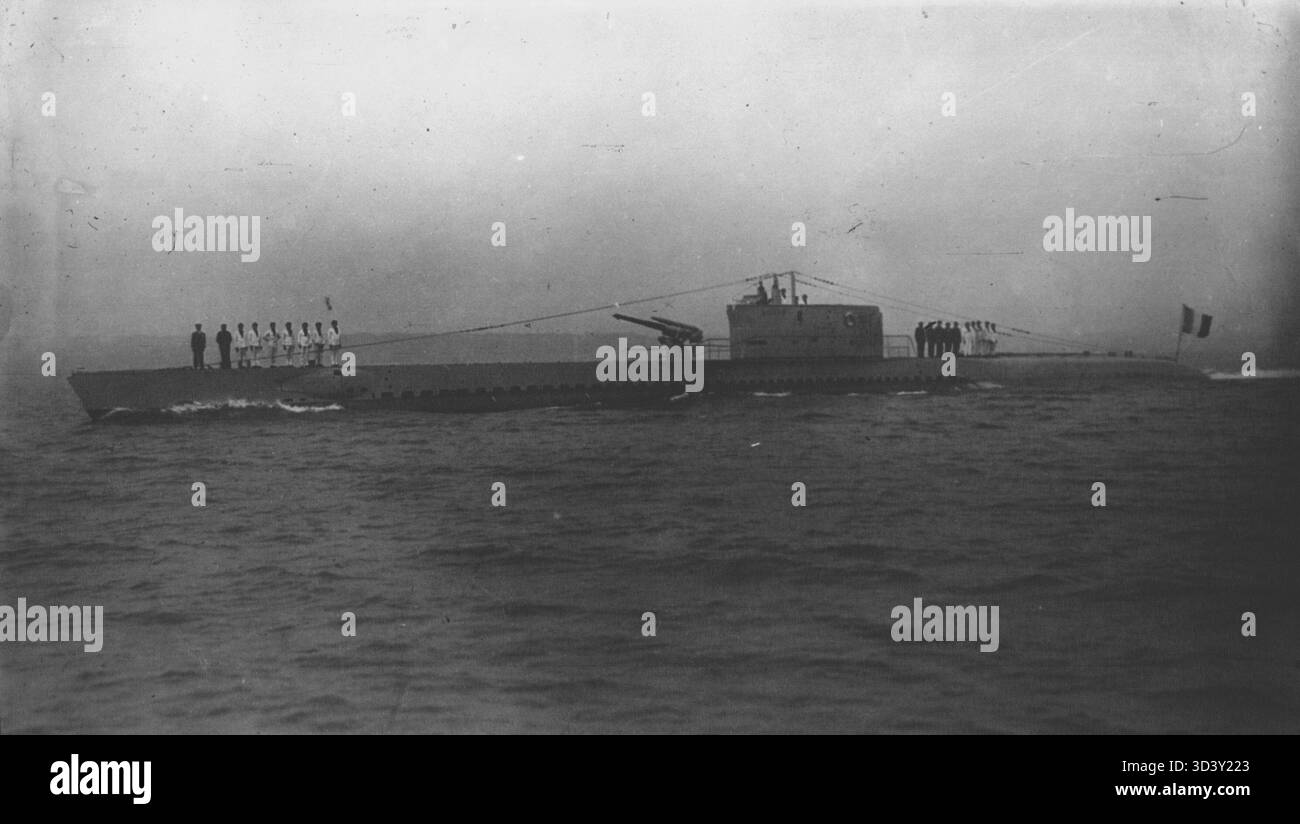 The 1928 press photograph depicts the submarine 'Ondine,' showcasing ...