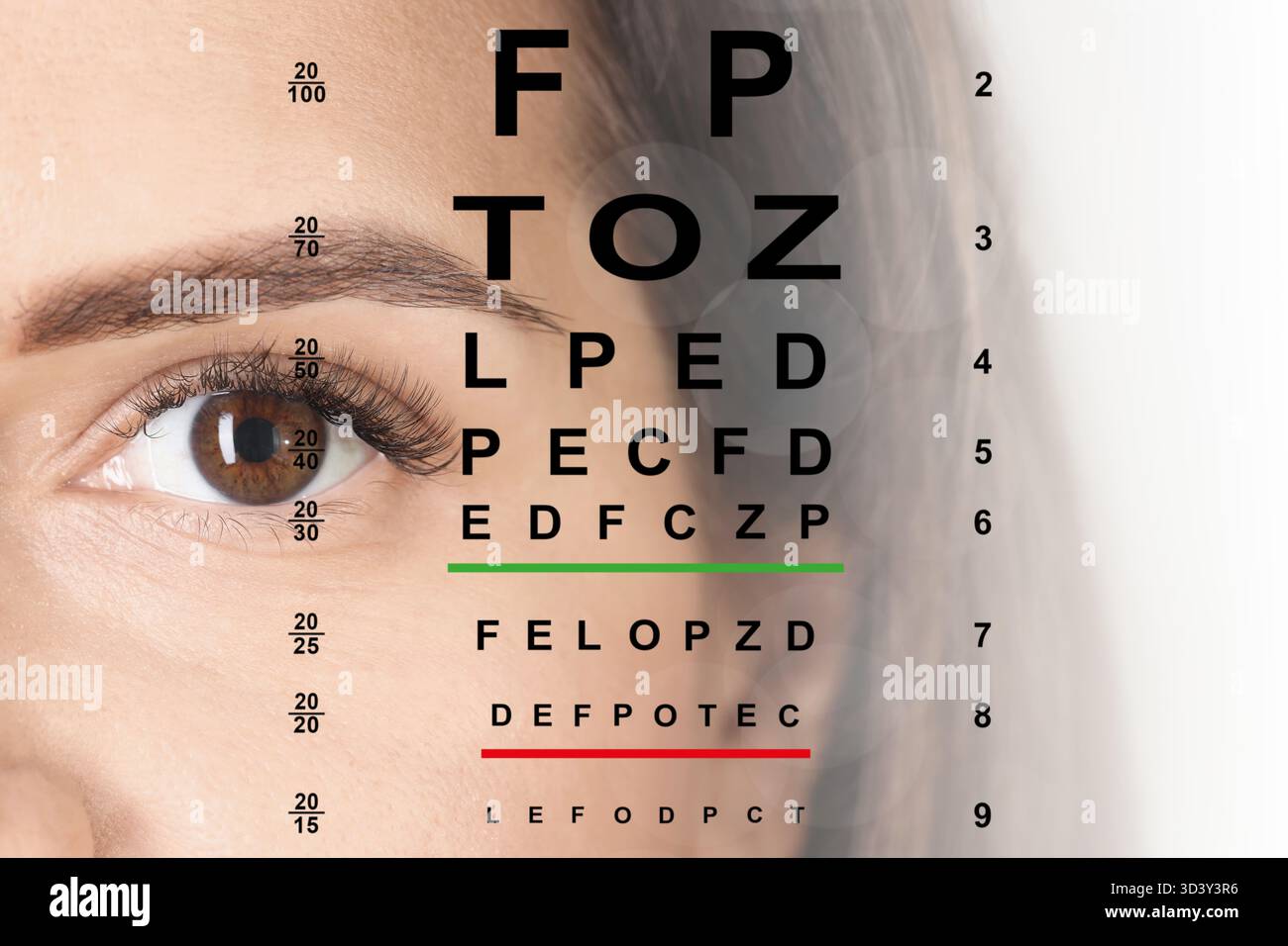 Eye chart and woman on white background. Vision check Stock Photo - Alamy