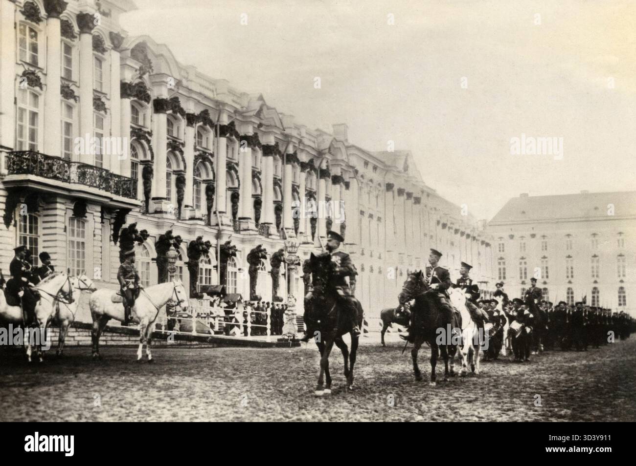 In 1905, Tsar Nicholas II of Russia inspects the troops in front of the ...