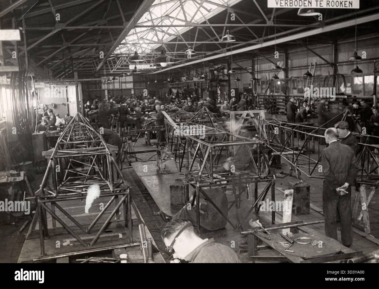 The fuselage of an aircraft being assembled from steel tubes in the ...