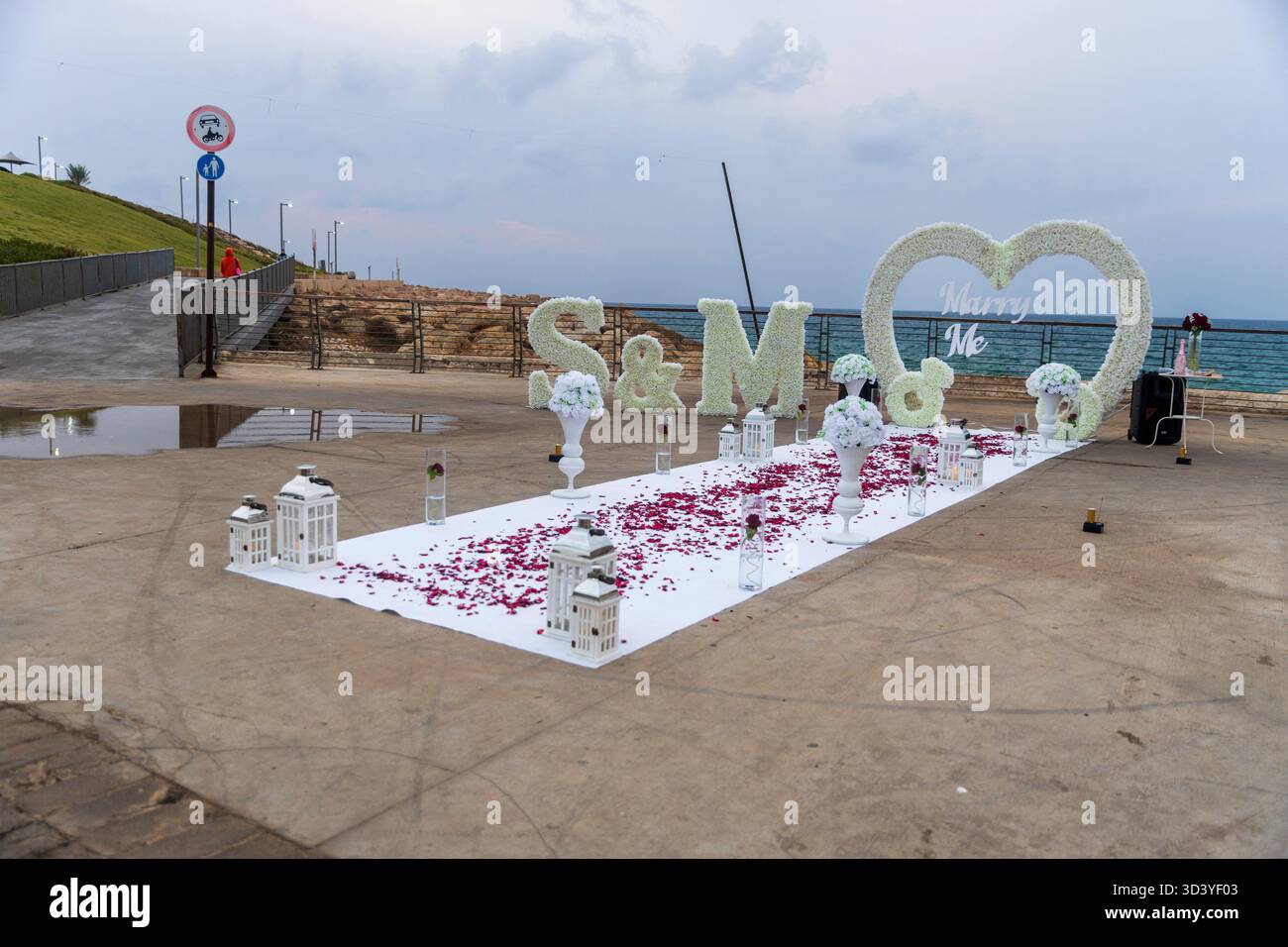 Tel Aviv, Israel, 6 October 2025, proposal setup on a seaside promenade ...